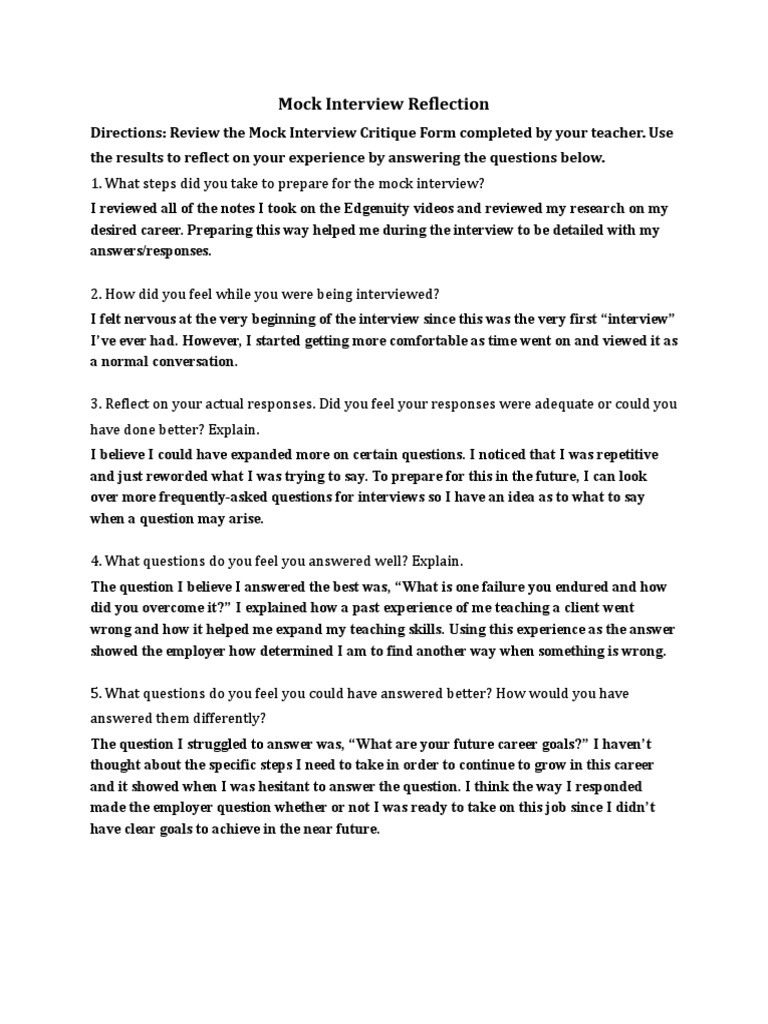 Mock Interview Reflection | PDF | Question | Interview