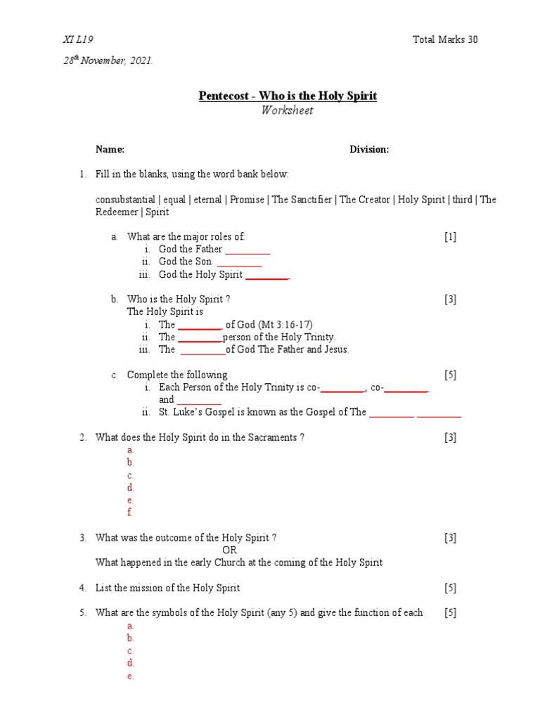 L19. Pentecost - Who Is The Holy Spirit - Worksheet | PDF | Holy Spirit ...