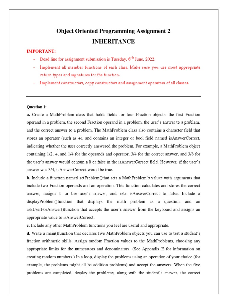 Object Oriented Programming Assignment 2 Inheritance Dead Line For Assignment Submission Is 