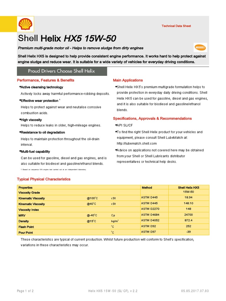 Shell Helix HX5 15W-50 Technical Data Sheet | PDF | Chemical Substances ...
