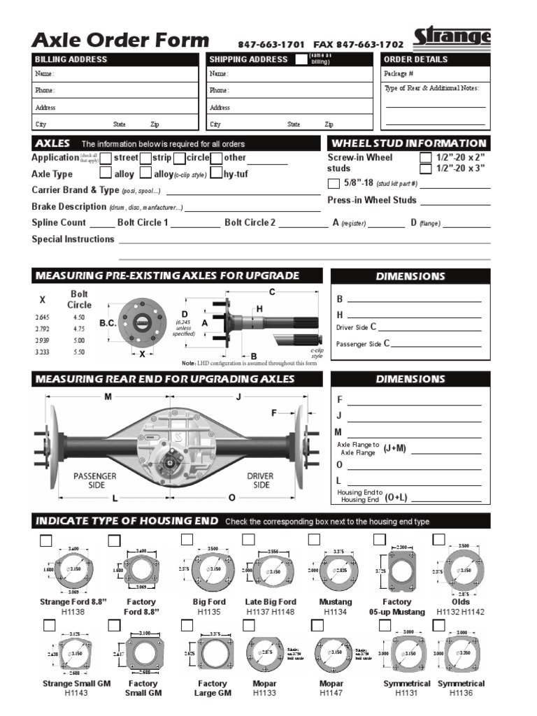 Axle Order Form: Axles Wheel Stud Information | PDF | Axle | Brake