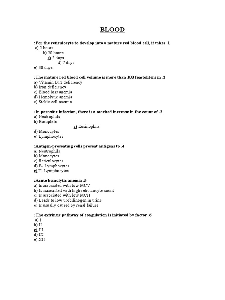Blood Physio Mcqs | PDF | Coagulation | White Blood Cell