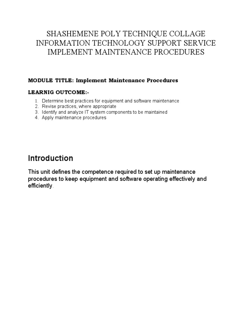 Shashemene Poly Technique Collage Information Technology Support Service Implement Maintenance ...