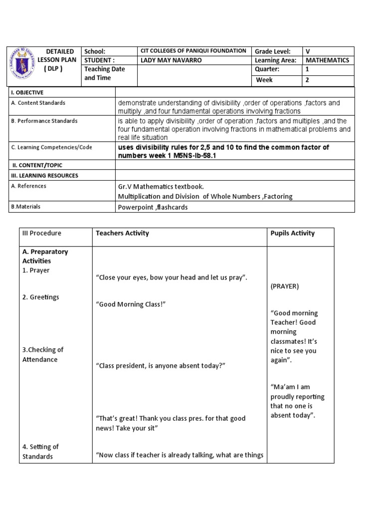 Detailed Lesson Plan in Grade 5 Mathematics SEMI FINALS | PDF | Prime ...