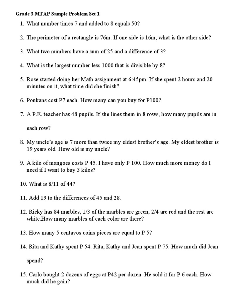 MTAP Grade 3 Questionnaires | PDF | Area | Numbers