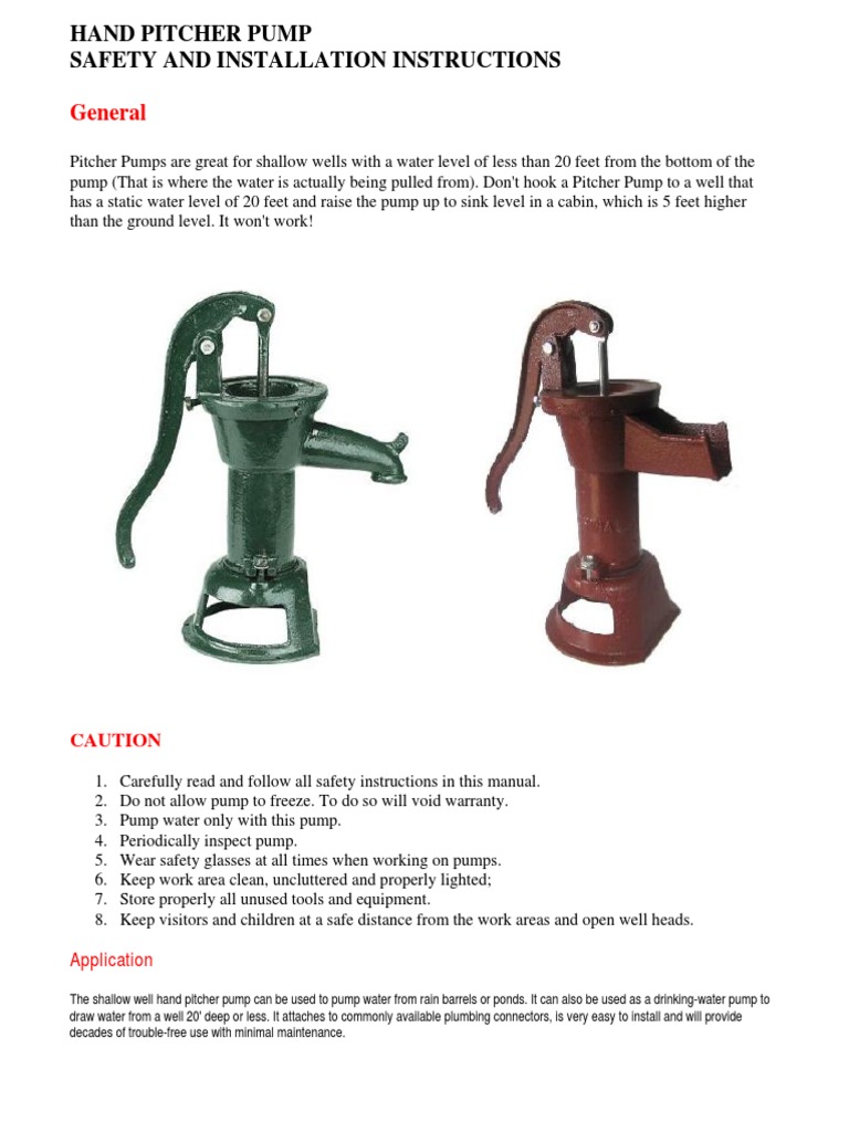General: Hand Pitcher Pump Safety and Installation Instructions | Download Free PDF | Pump ...