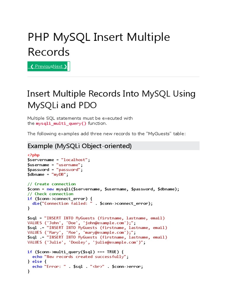Insert Multiple Records into MySQL Table with PHP | PDF Insert Multiple Records into MySQL Table with PHP | PDF