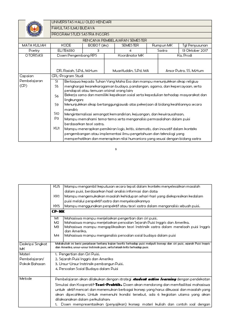 RPS Mata Kuliah Poetry | PDF