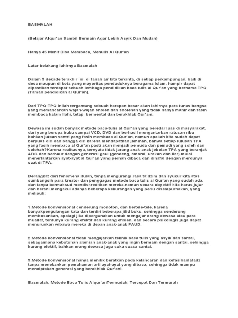 Teknik BSMALA Baca Tulis Quran | PDF | Kajian Bahasa Asing | Agama & Spiritualitas