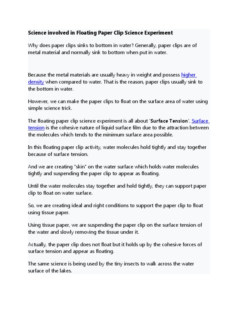 Science Involved in Floating Paper Clip Science Experiment Guidelines ...