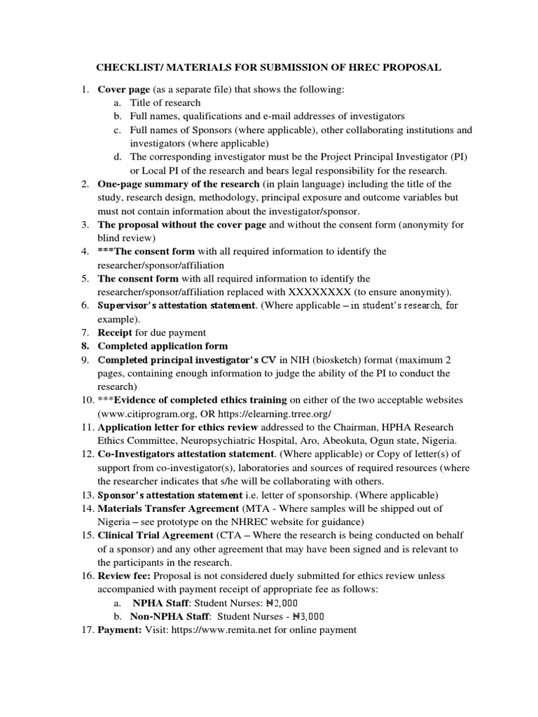 Checklist/ Materials For Submission of Hrec Proposal | PDF | Clinical Trial