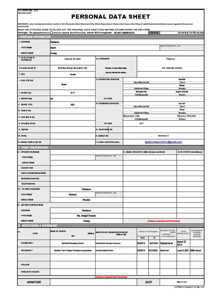Personal Data Sheet Template for CSC | PDF | Crimes | Crime & Violence