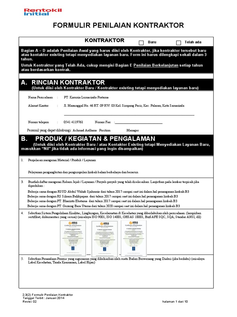 2.3 (2) Form Penilaian Kontraktor | PDF