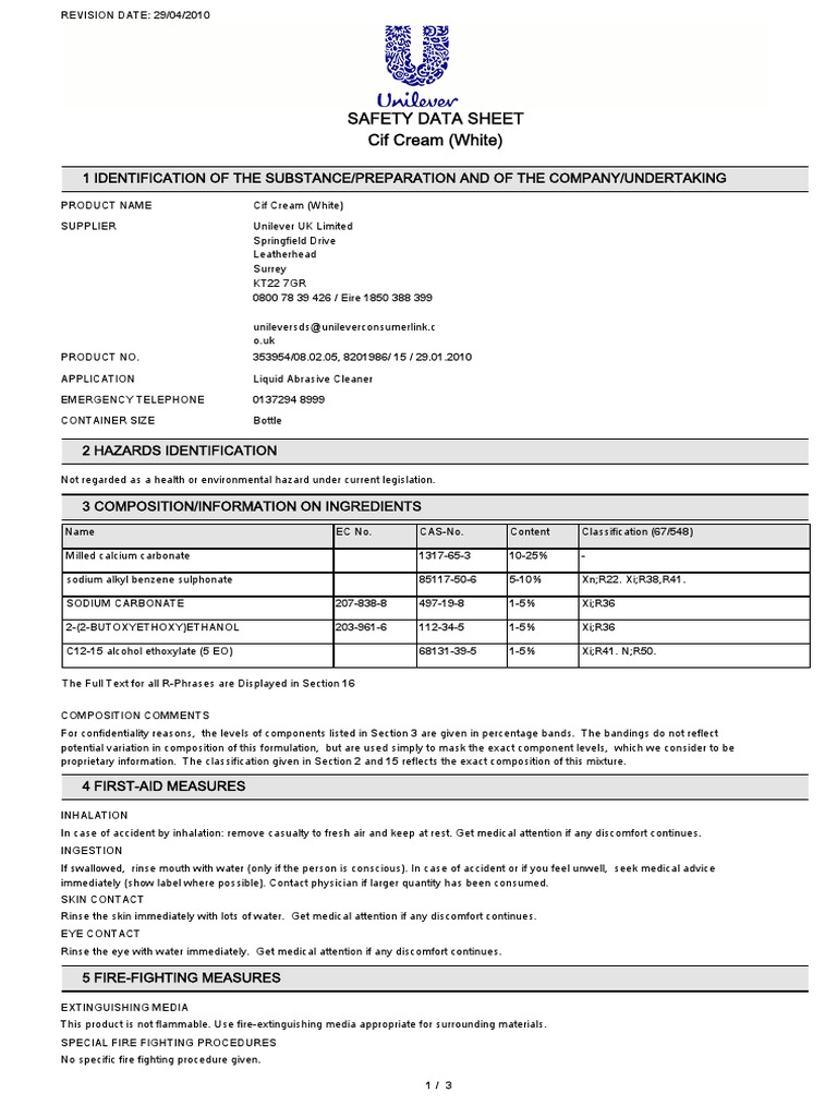 Safety Data Sheet Cif Cream (White) : 1 Identification of The Substance ...