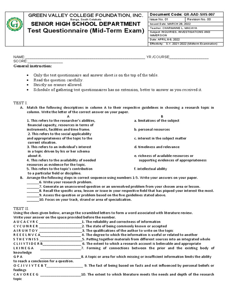 Test Questionnaire (Mid-Term Exam) : Senior High School Department ...