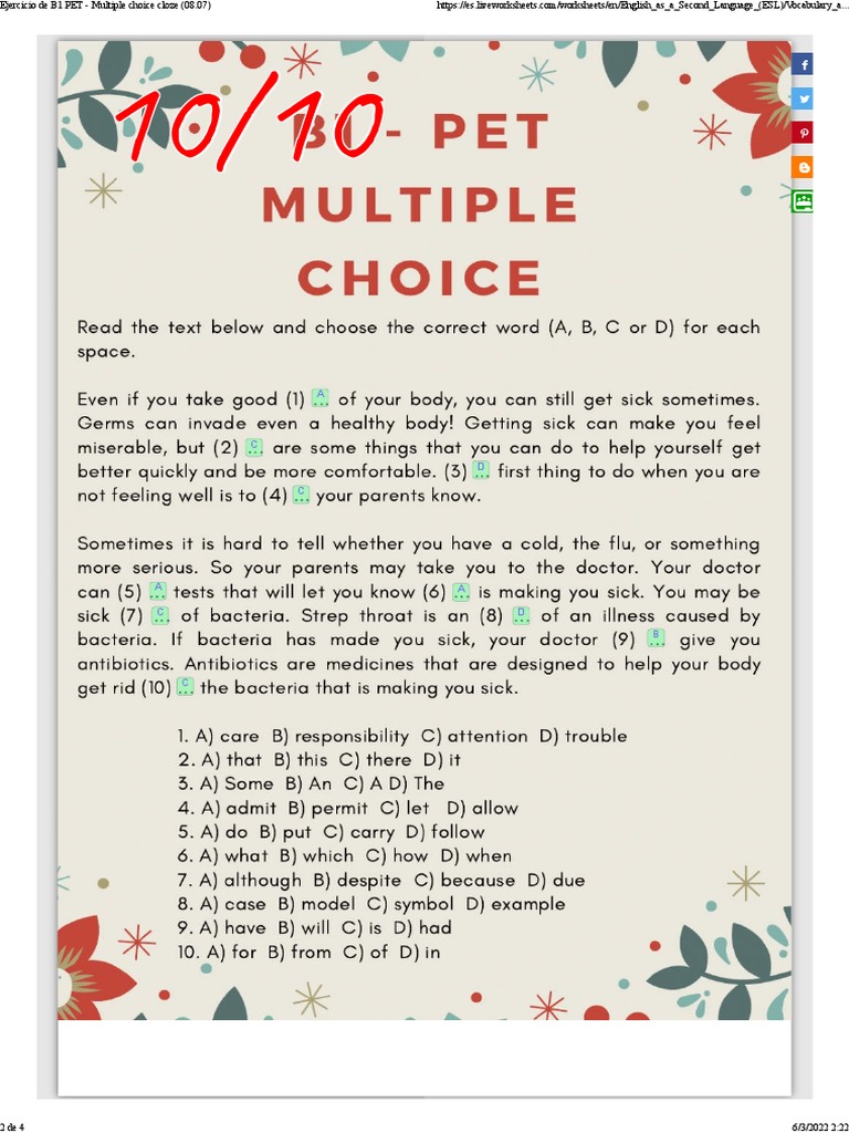 B1 Pet Multiple Choice Cloze Practice Test Pdf
