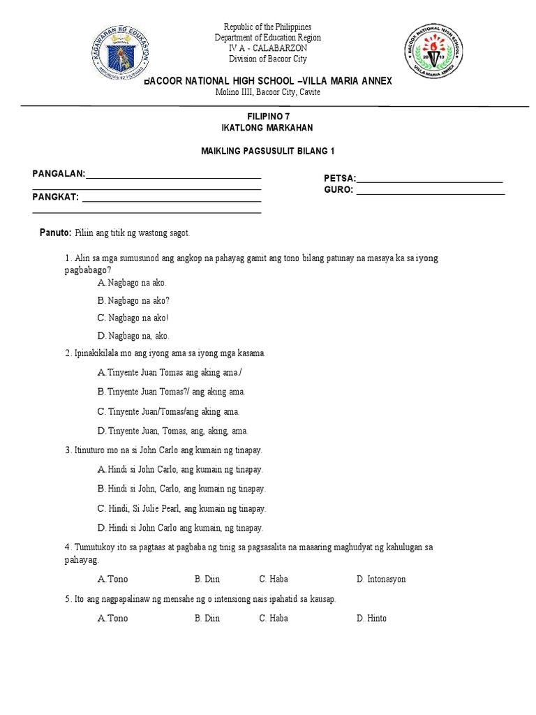 Maikling Pagsusulit 1 - Q3 | PDF