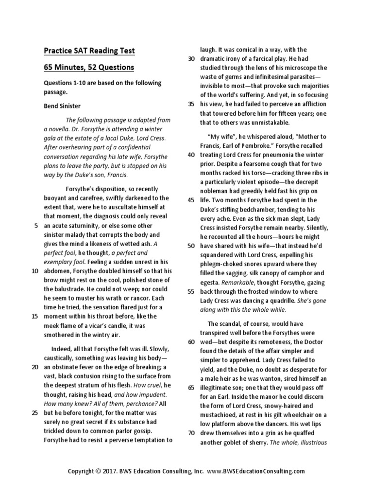 Practice SAT Reading Test 65 Minutes, 52 Questions | PDF | Great ...