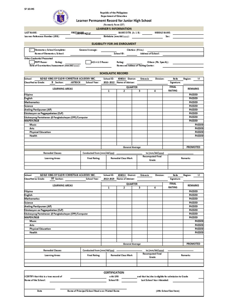 Learner Permanent Record For Junior High School | PDF