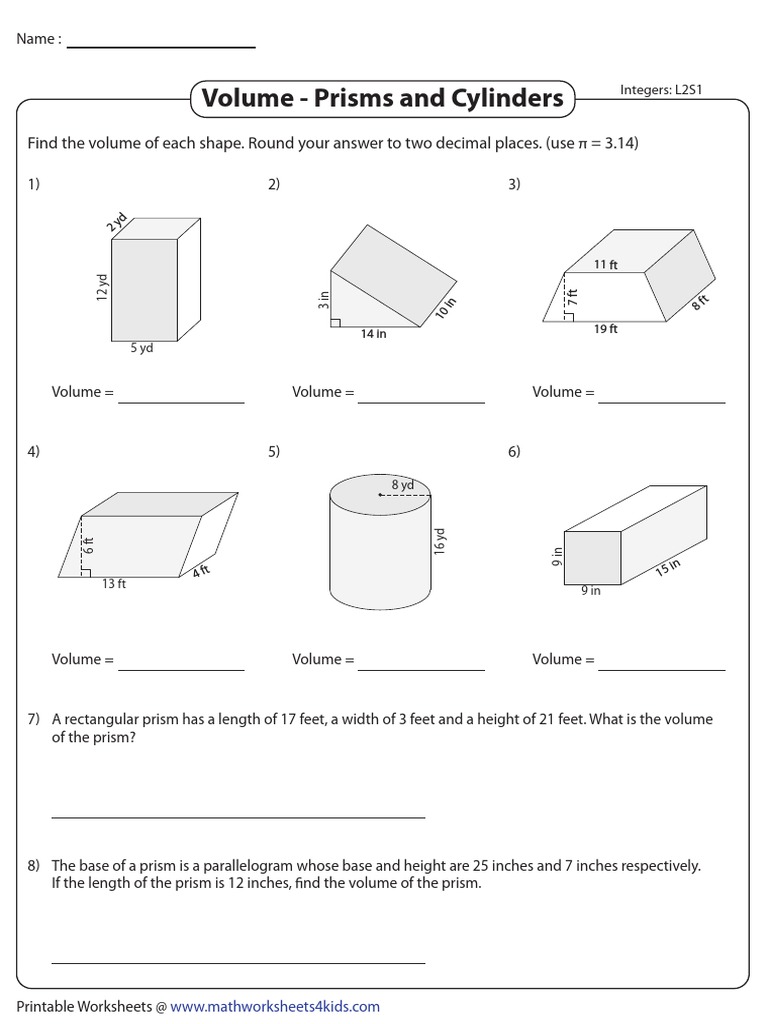 Volume - Prisms and Cylinders: Find the volume of each shape. Round ...