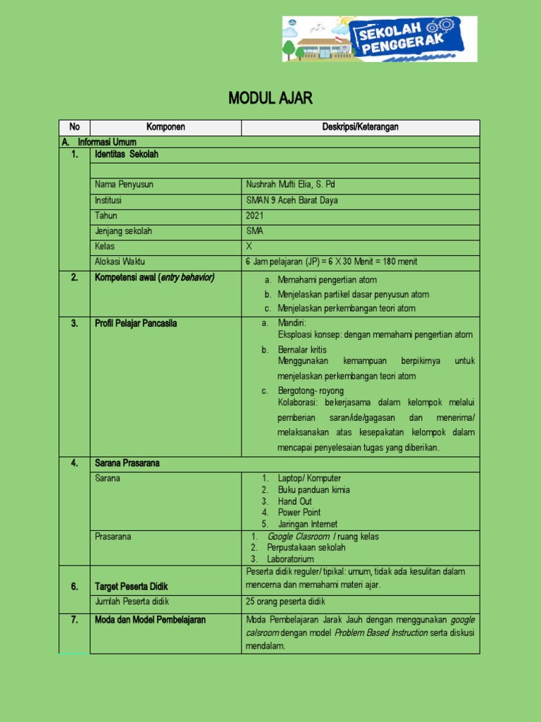 Modul Ajar Kimia Struktur Atom | PDF