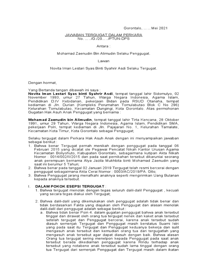 Jawaban Gugatan Hak Asuh Anak | PDF Jawaban Gugatan Hak Asuh Anak | PDF