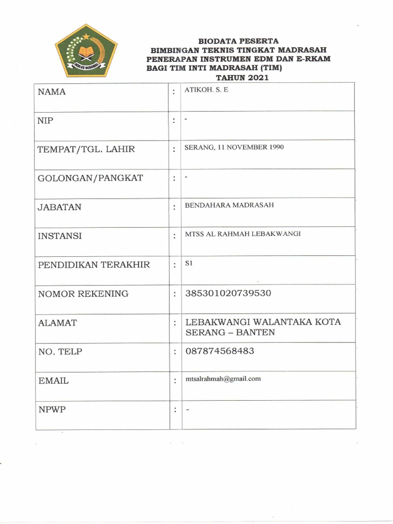 Biodata Atikoh Dan Surat Tugas Bendahara Mts Al Rahmah | PDF