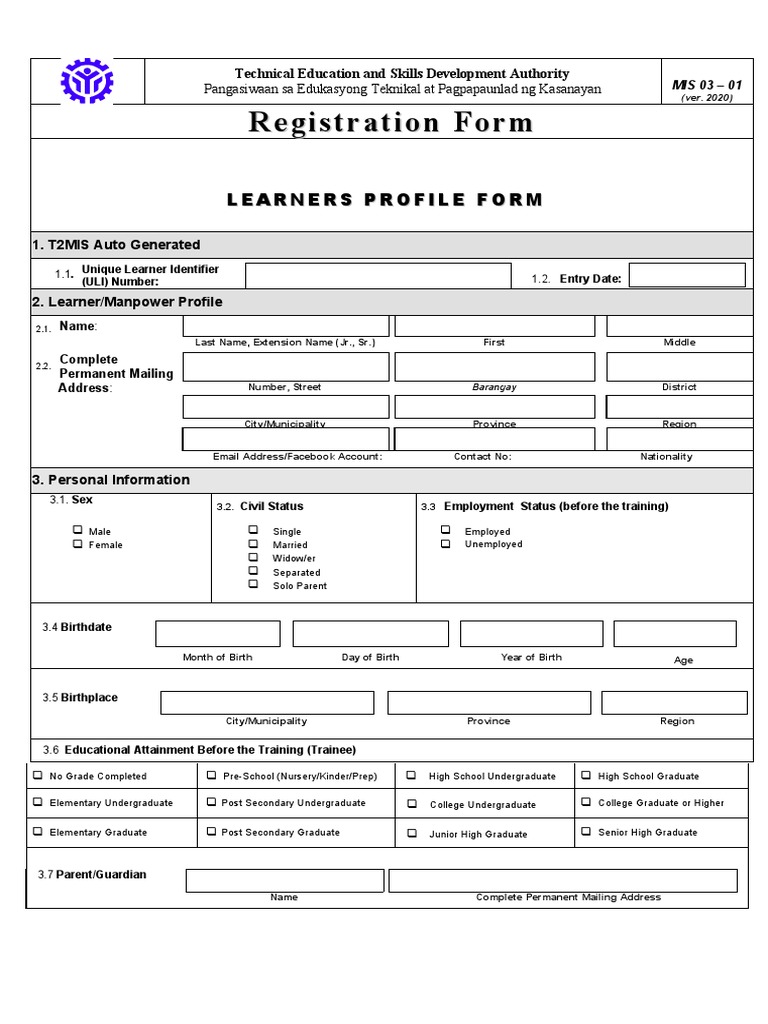 TESDA Learner Registration Form | PDF | Disability