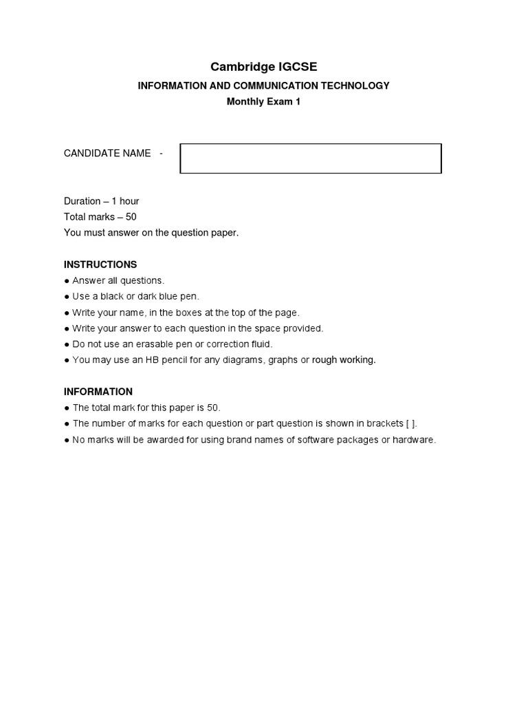 Cambridge IGCSE: Information and Communication Technology Monthly Exam ...
