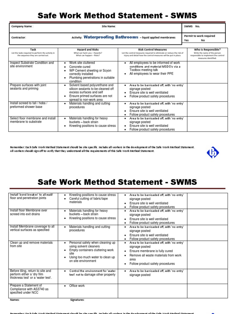 Safe Work Method Statement - SWMS: Waterproofing Bathrooms | PDF ...