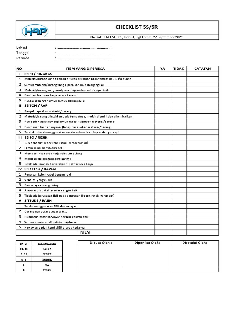 FM - HSE.005 Checklist 5R (Ringkas-Rapih-Resik-Rawat-Rajin) | PDF