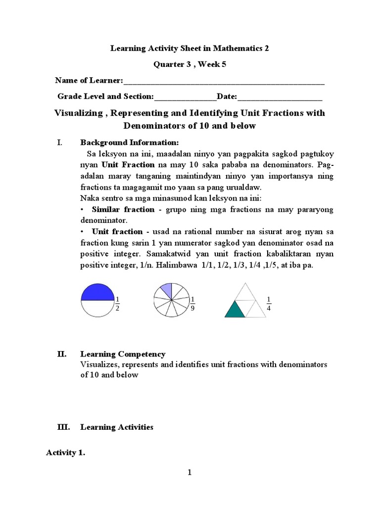 Unit Fractions Learning Activity Sheet | PDF | Notation | Encodings