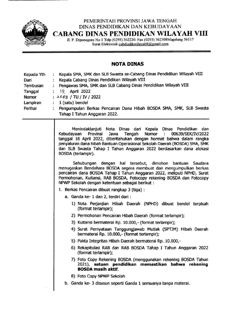 Nota Dinas Pengumpulan Berkas Pencairan Dana Hibah BOSDA SMA, SMK & SLB ...