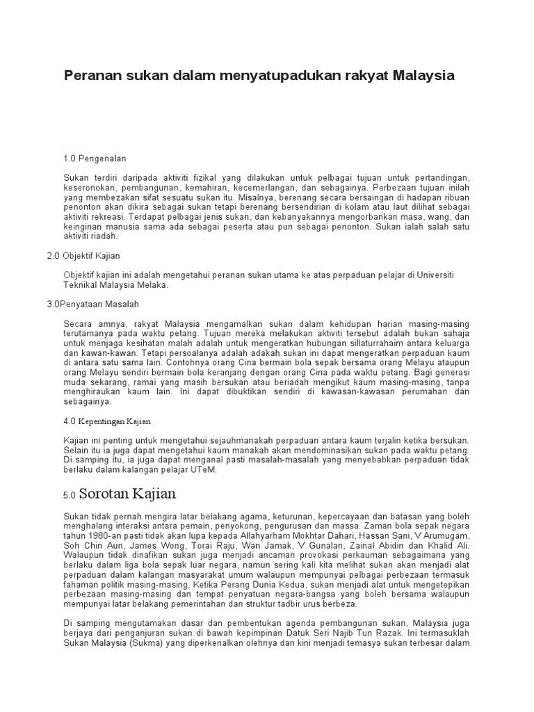 Peranan Sukan Dalam Menyatupadukan Rakyat Malaysia | PDF