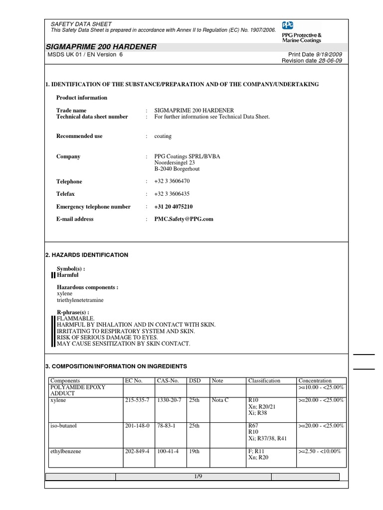 Sigma Prime Hardener 200 MSDS | PDF | Personal Protective Equipment | Toxicity