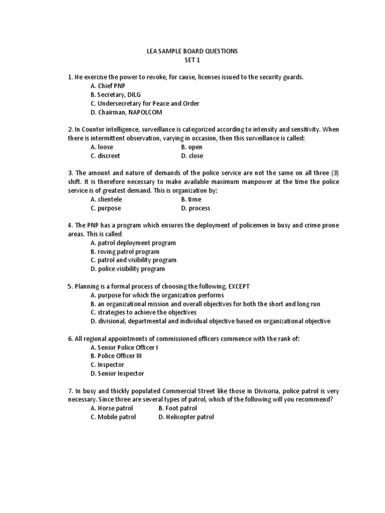 LEA Board Exam Sample Questions | PDF | Police | Surveillance