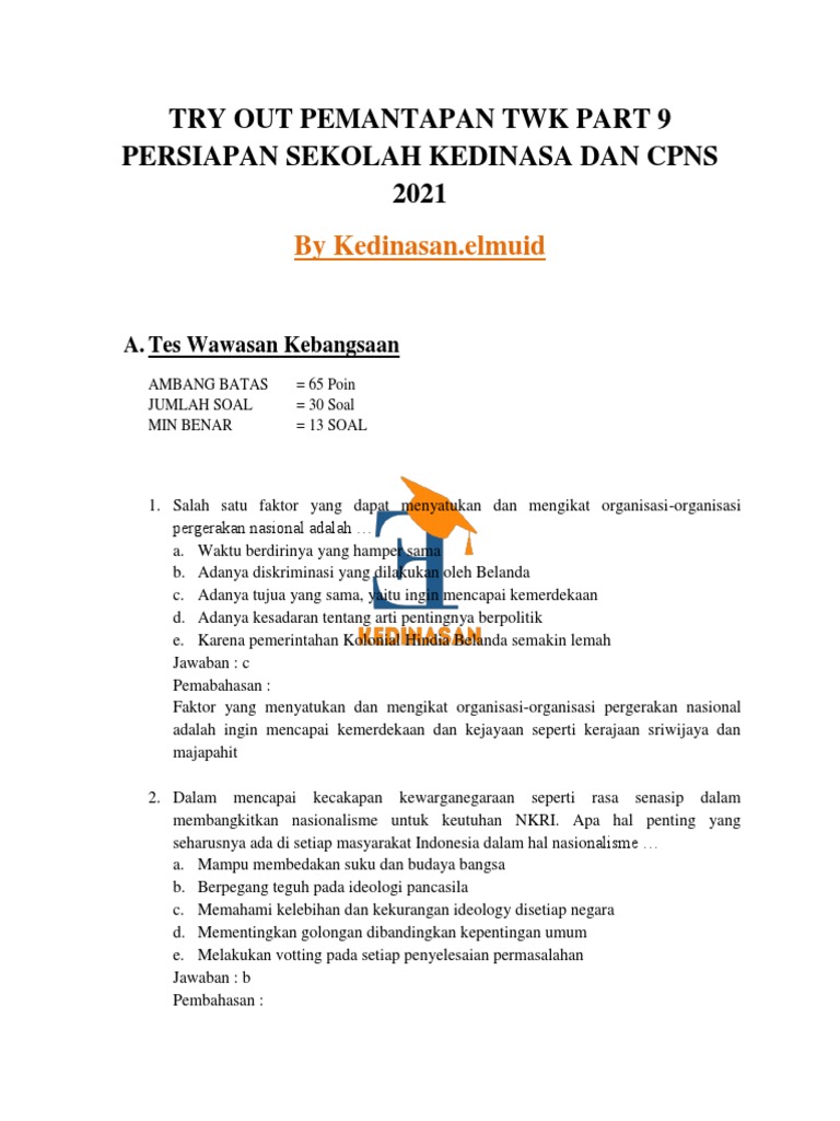 Pembahasan Try Out Pemantapan TWK Part 9 2021 | PDF
