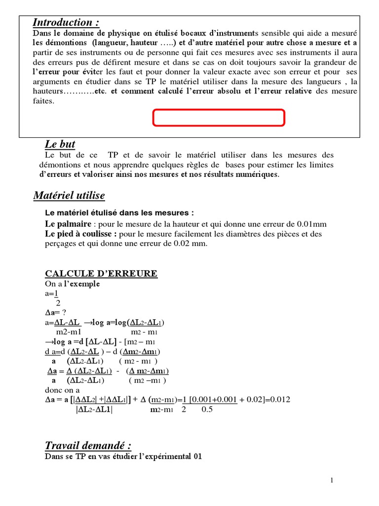 TP Physique Compte Rendu Mesures Des Grandeur Physique Et Dincertitudes ...