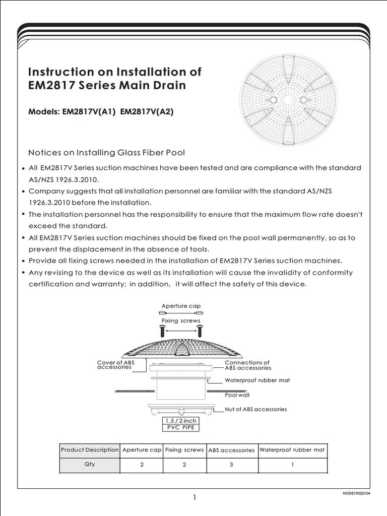 Instruction On Installation of EM2817 Series Main Drain: Models ...