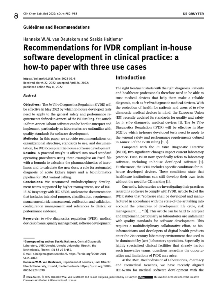 Recommendations For IVDR Compliant In-House Software Development in ...