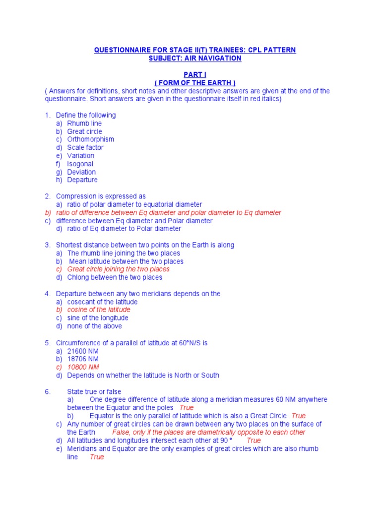 Air Navigation Questionnaire CPL Pattern | PDF | Latitude | Equator