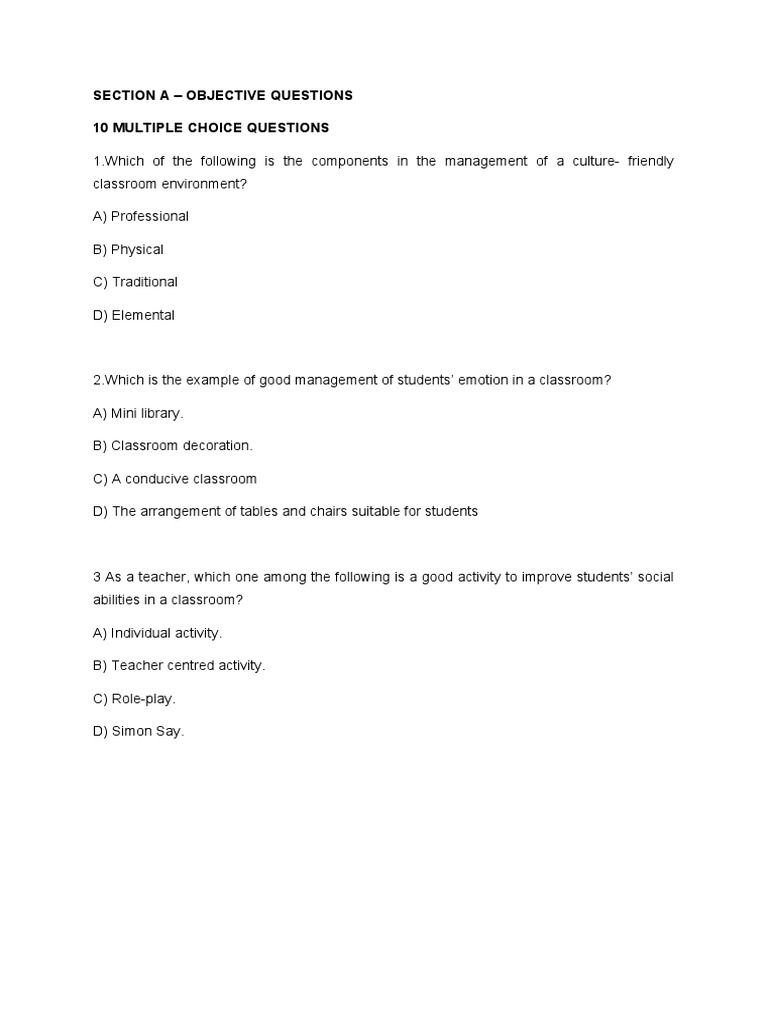 10 Multiple Choice Questions | PDF | Teachers | Classroom