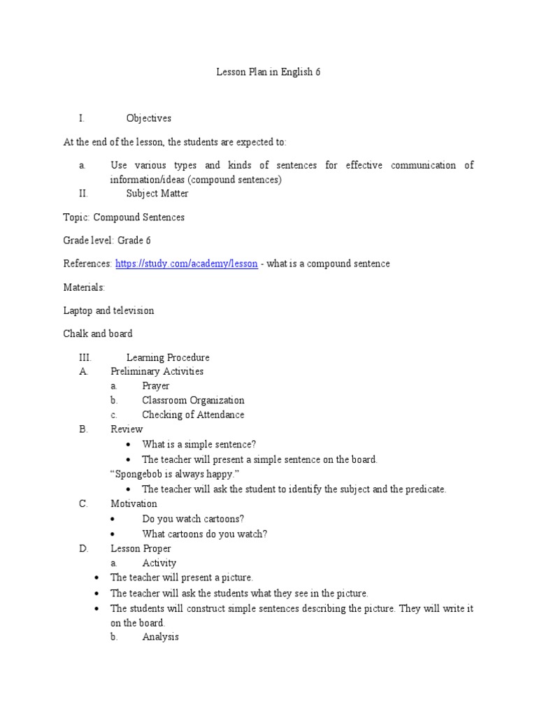 Semidetailed Lesson Plan in English 6 Various Types of Sentences | PDF ...