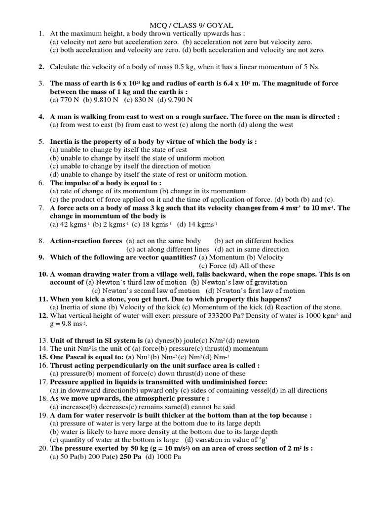 9 MCQ Ques | PDF | Buoyancy | Pressure