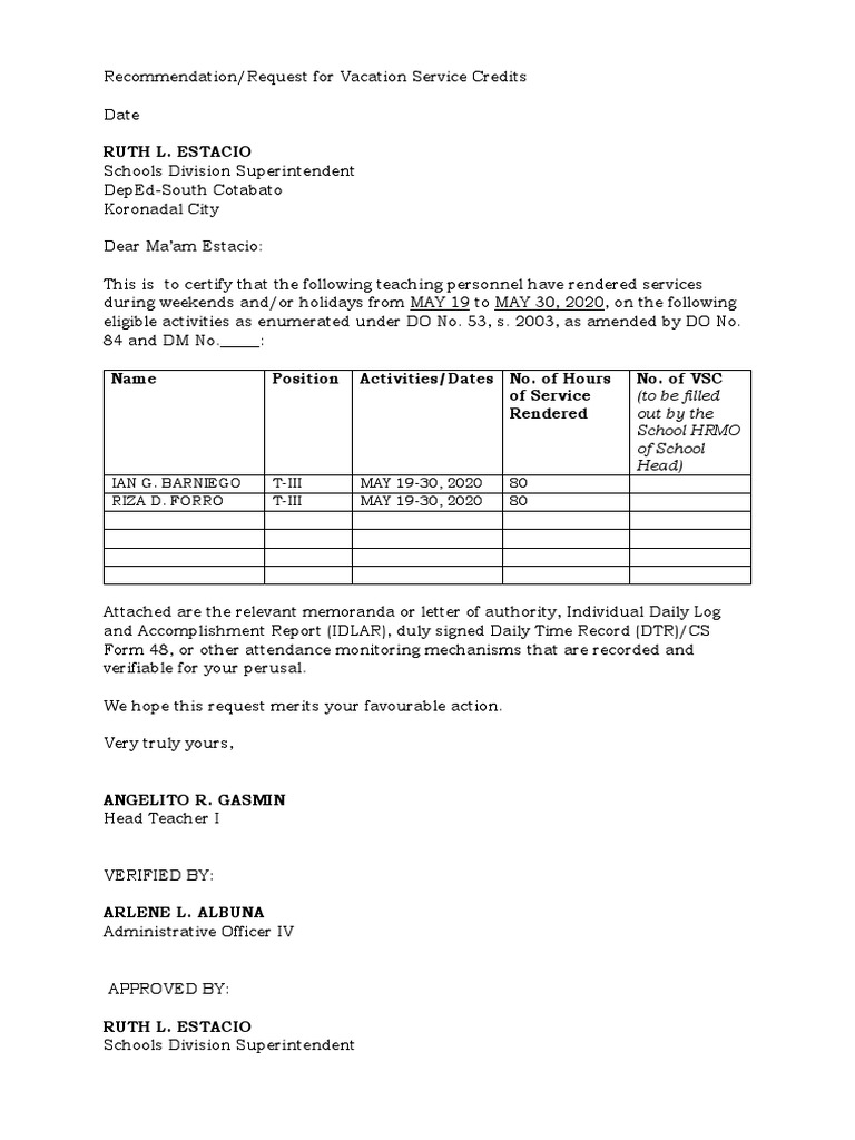 Recommendation Letter For Service Credits | PDF