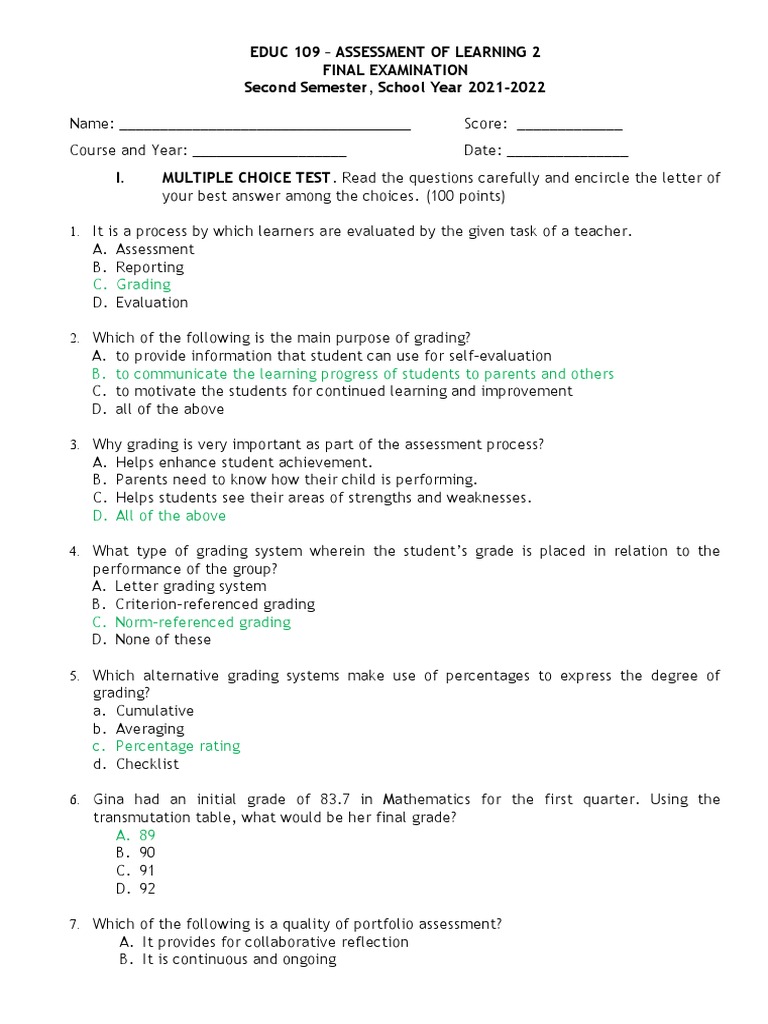 Educ 109 - Assessment of Learning 2 Final Examination Second Semester, School Year 2021-2022 ...