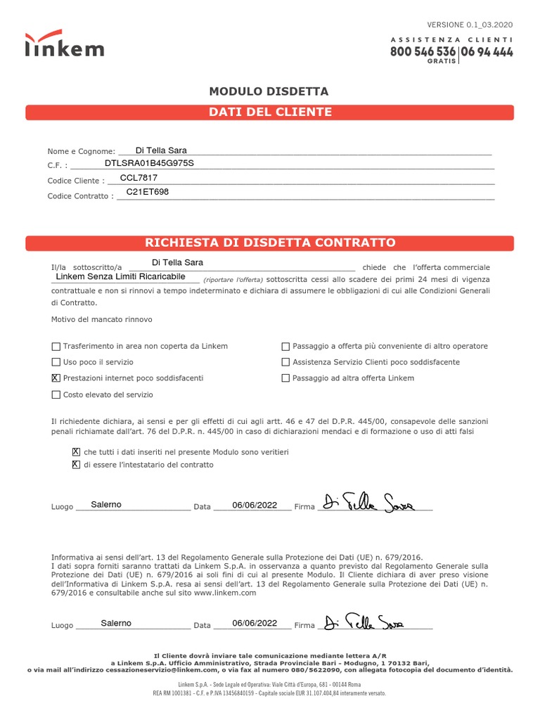 Modulo Disdetta | PDF