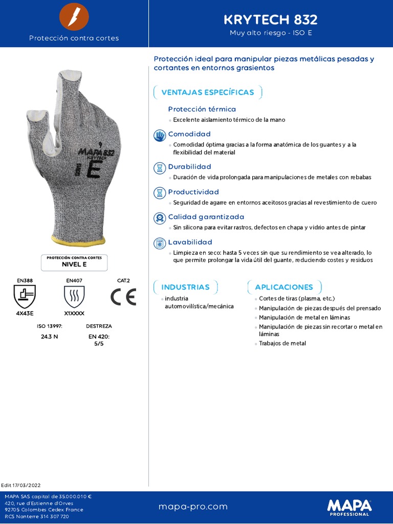 Guantes KRYTECH 832: Protección E contra cortes | PDF | Materiales