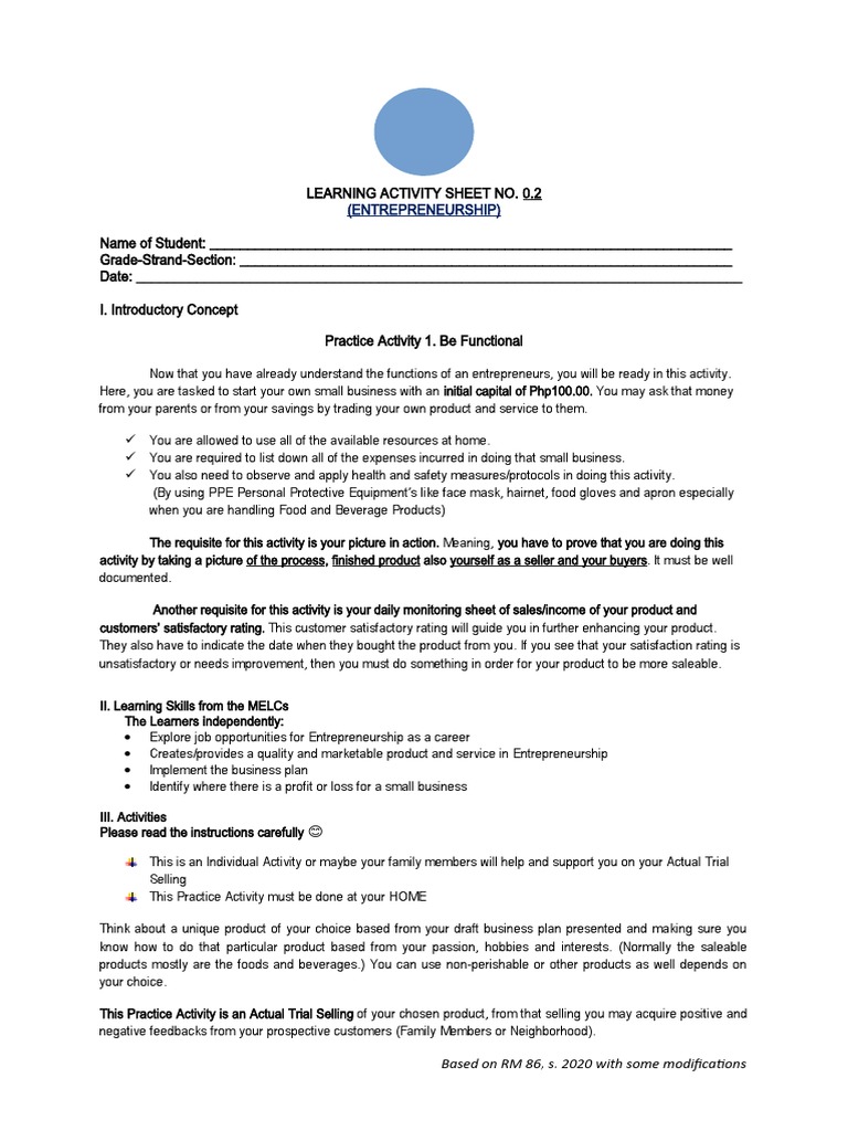 Entrepreneurship Practice Activity Sheet | PDF | Sales | Entrepreneurship