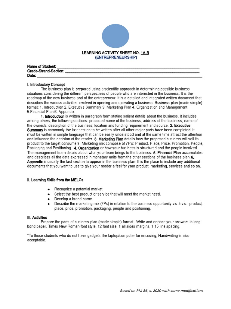 Entrep Learning Activity Sheet 1a B Copy For SHS Students | PDF ...